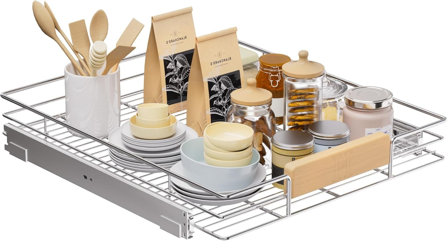 2 Tier Pull Out Cabinet Organizer with Wooden Handle 16½" W x 21½ ...