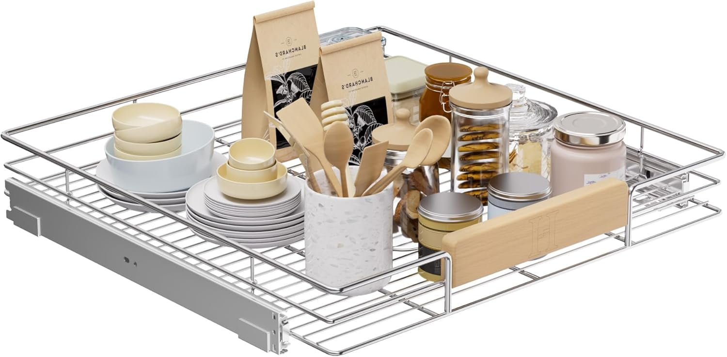 2 Tier Pull Out Cabinet Organizer with Wooden Handle 16½" W x 21½ ...