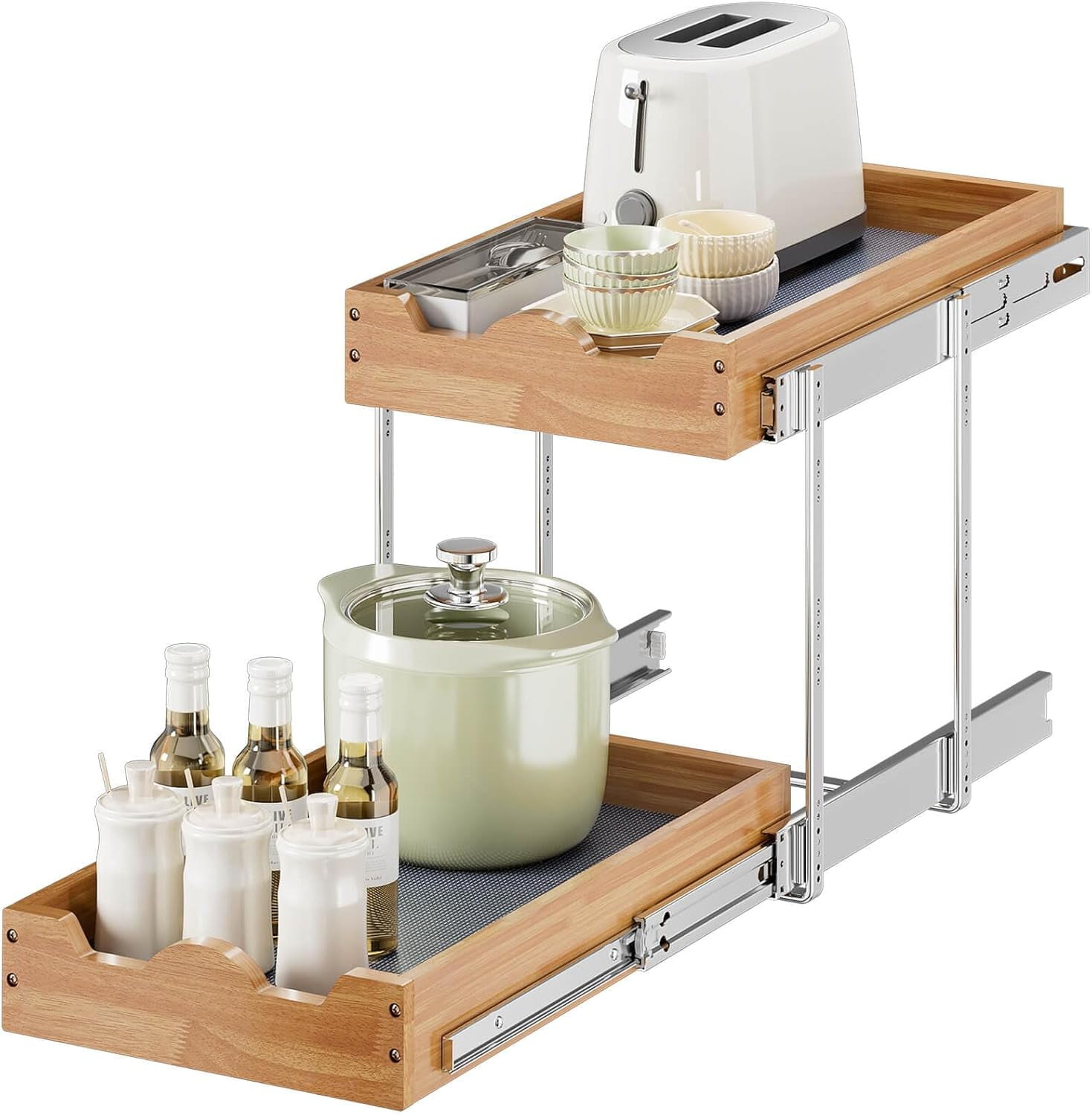 2 Tier Pull Out Drawers For Cabinets, Double Tier Slide out Wood ...