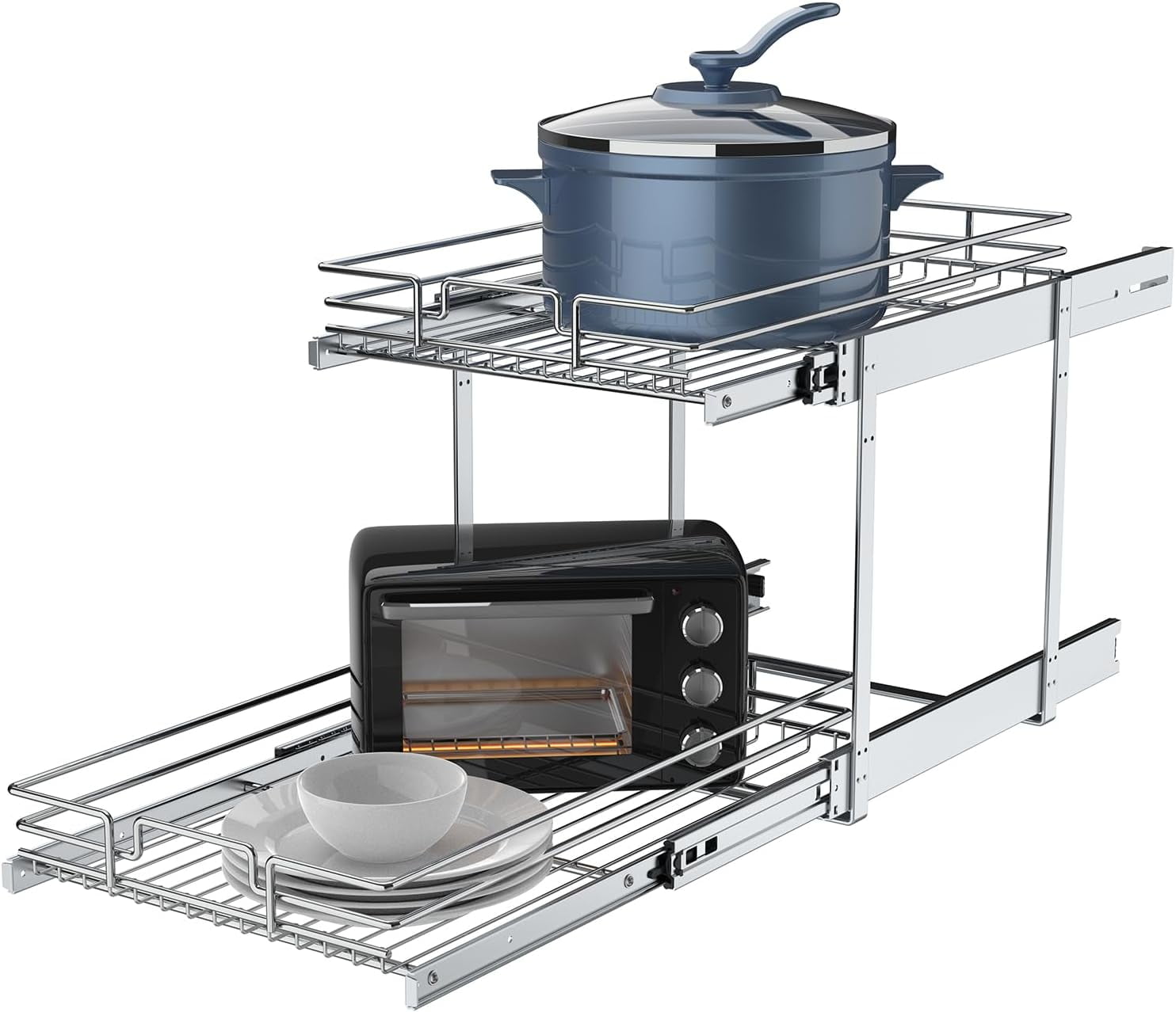 2 Tier Pull Out Cabinet Organizer, 11" W x 21" D Heavy-Duty Metal Sliding Drawer Shelf for ...