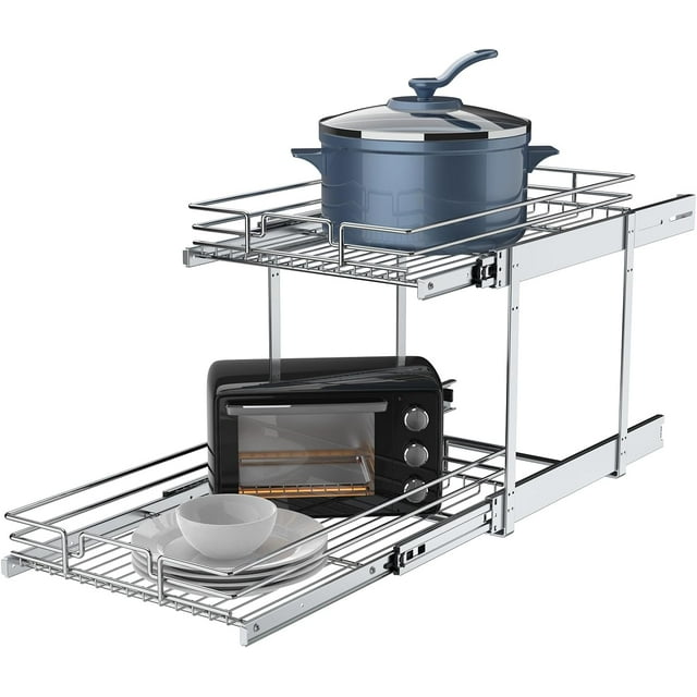 2 Tier Pull Out Cabinet Organizer, 11" W x 21" D Heavy-Duty Metal ...