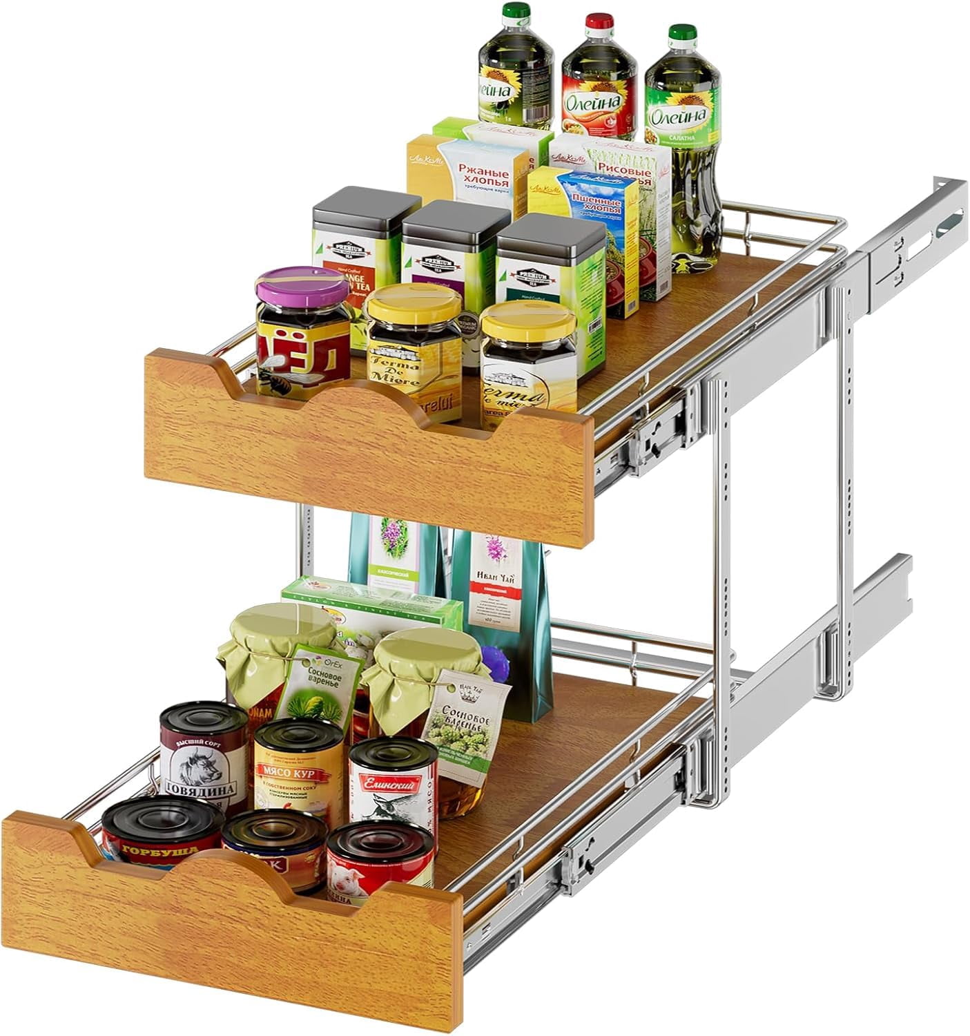 2 Tier Pull Out Cabinet Organizer (14" W X 21" D) Slide Wood Shelf ...