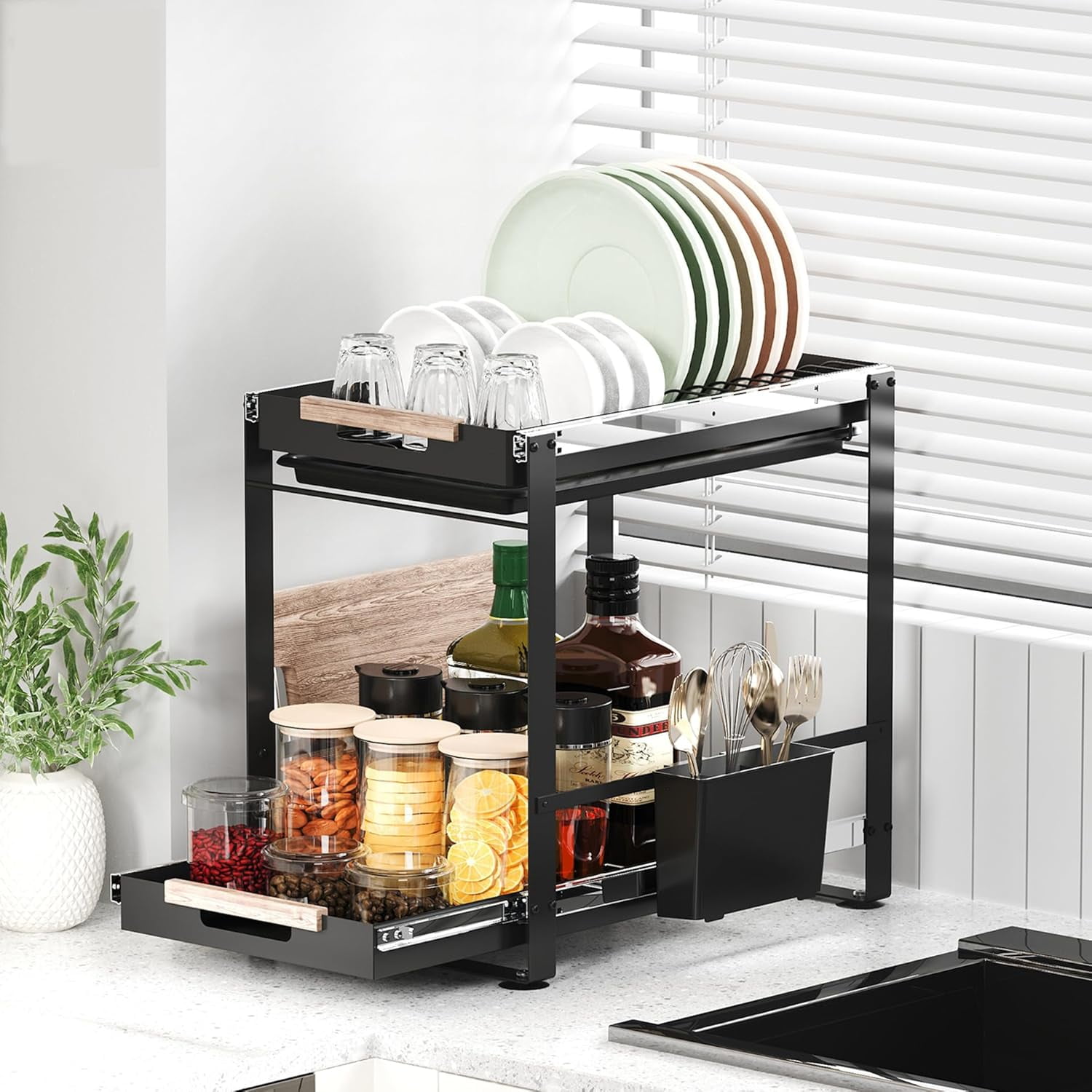 2-Tier Pull-Out Dish Rack & Spice Organizer for Kitchen Storage, Space ...