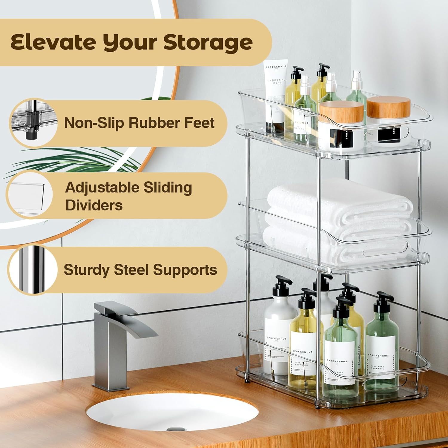 2 Tier Pull-Out Organizer for Bathroom Kitchen Under Sink Storage with ...