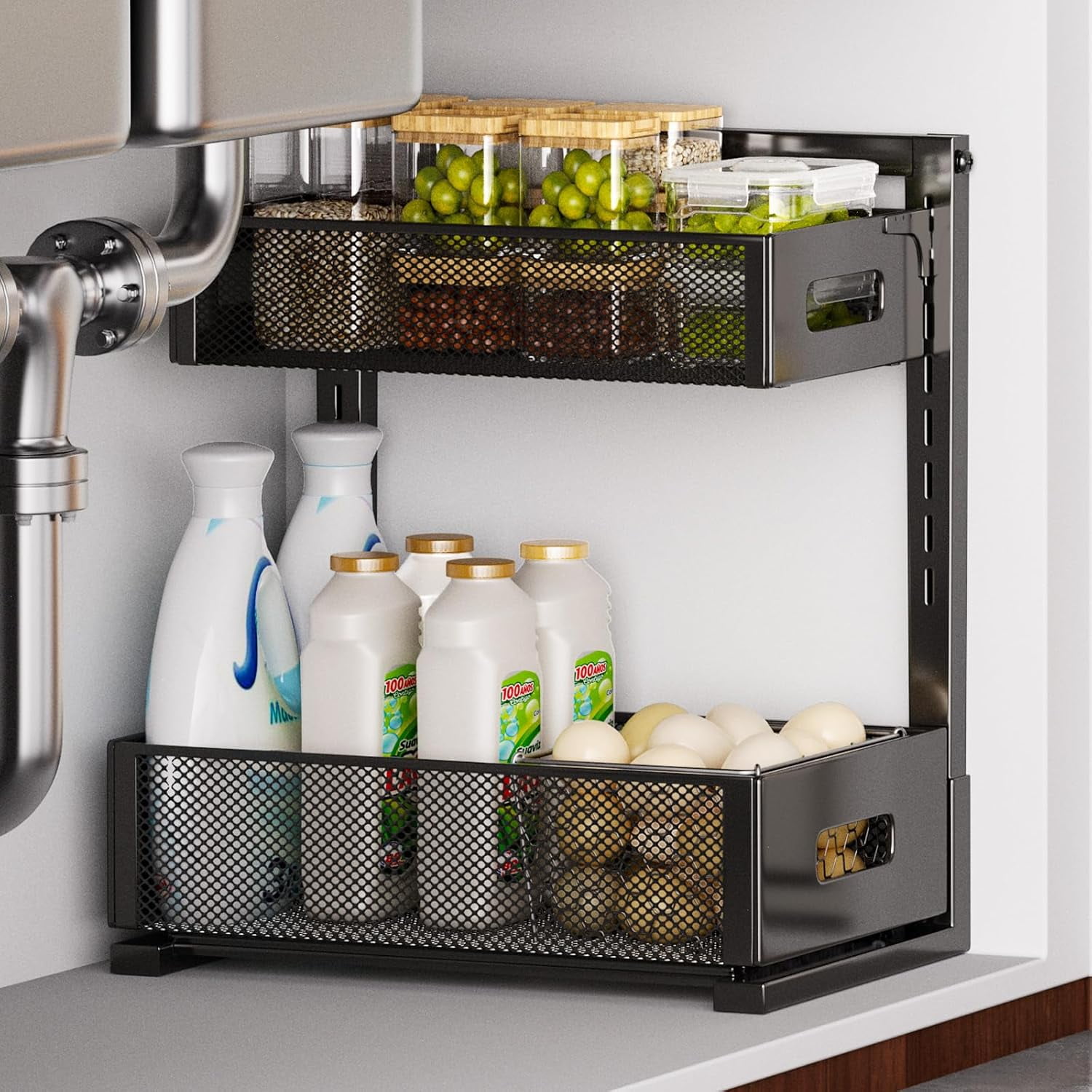 2-Tier Pull-Out Under Sink Organizer - Sliding Metal Storage Shelves ...