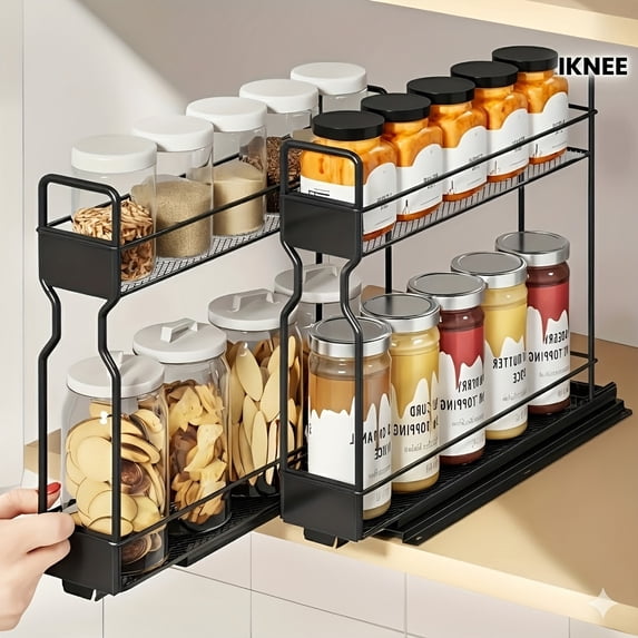 2-Tier Pull-Out Spice Rack, Sliding Cabinet Organizer with 20 Labels ...