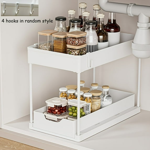 2-Tier Pull-Out Storage Rack - Large Capacity White Organizer for ...