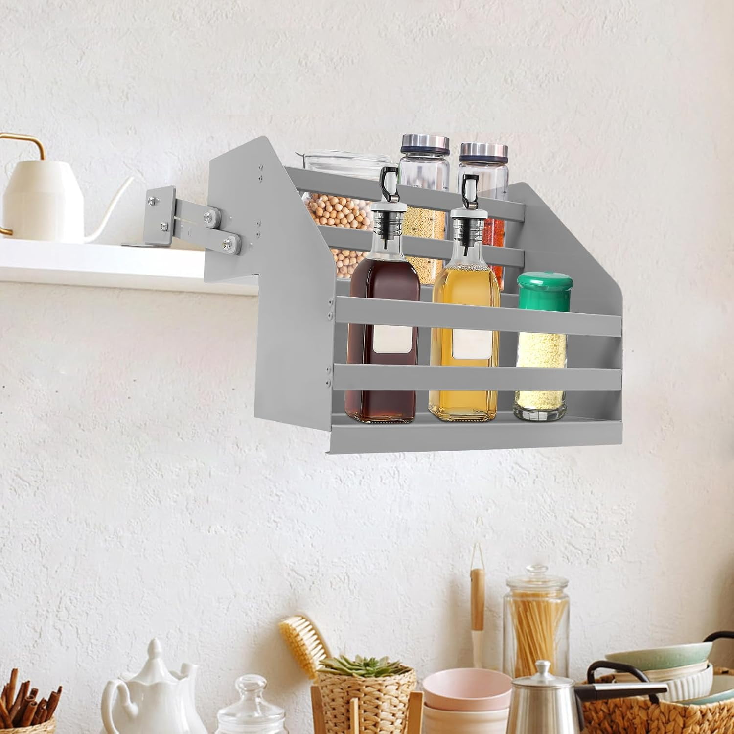 2-Tier Pull Down Shelf for Upper Cabinets, Pull Down Kitchen Cabinet ...