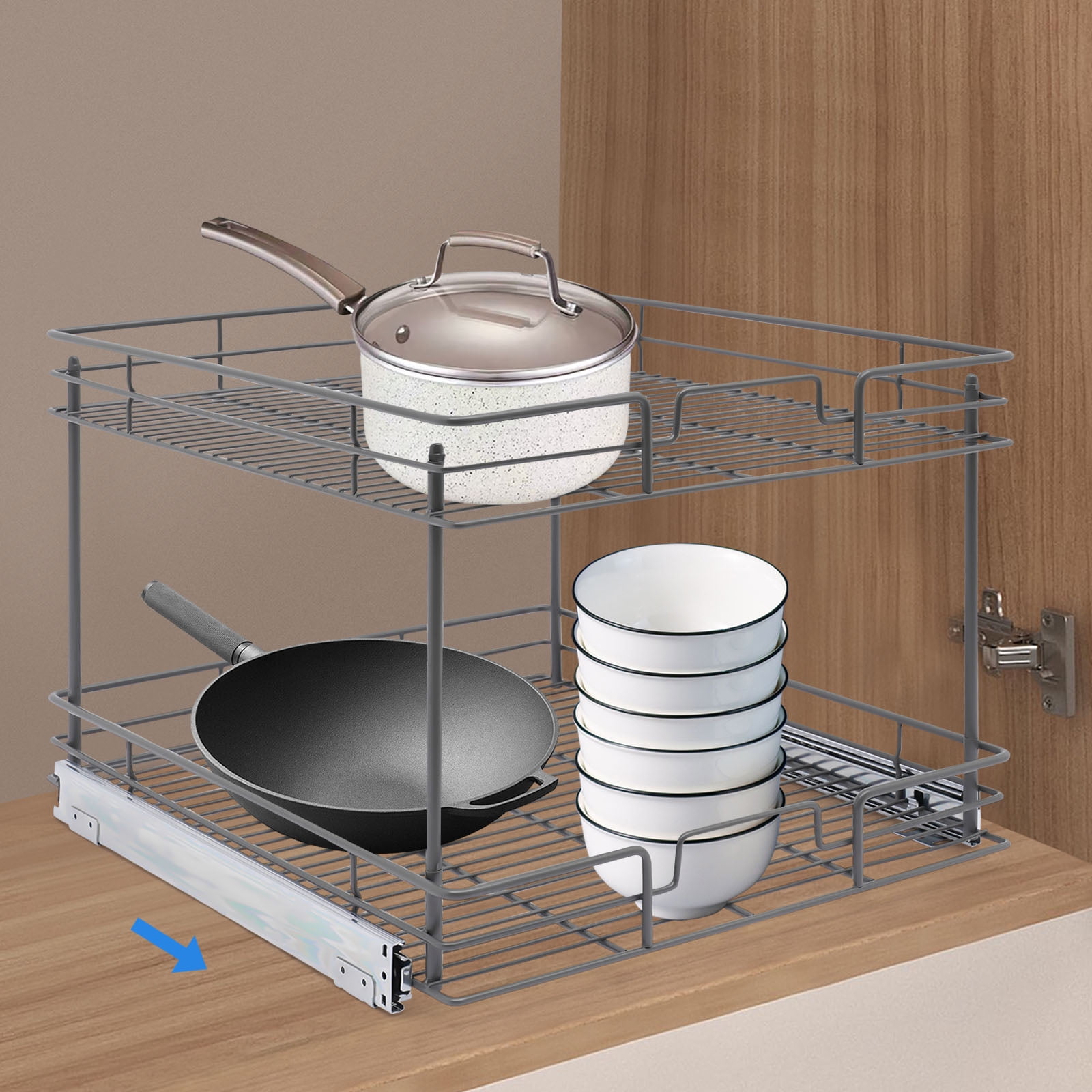 2-Tier Pull-out Cabinet Organizer for Storing Dinner Plates, Bowls ...