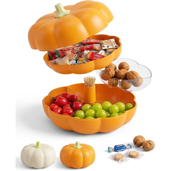 2 Tier Pumpkin Snack Bowl with Divided Trays Halloween Candy Serving ...