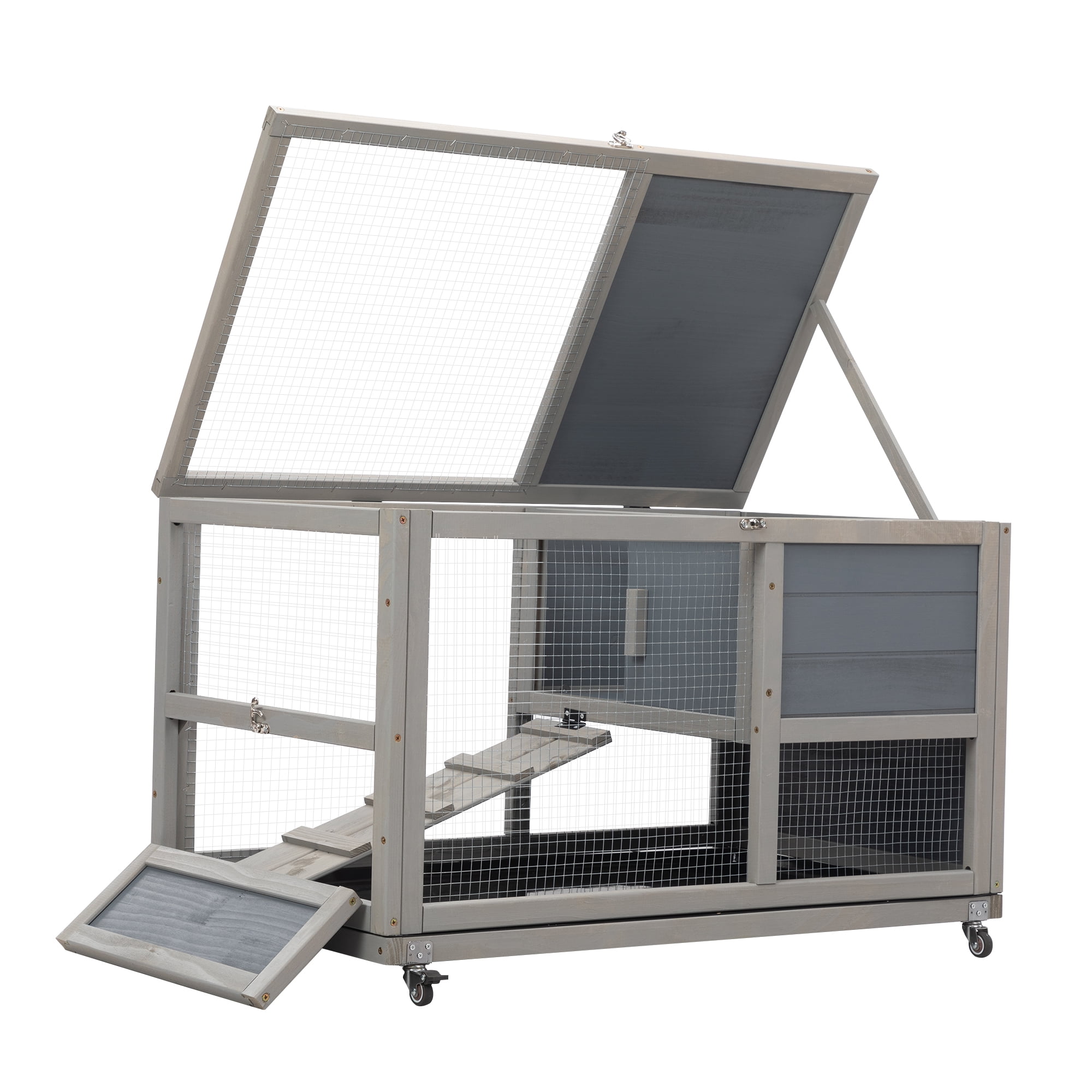 2 Tier Rabbit Hutch with Wheels, Wood Bunny Cage with Ramp - Walmart.com