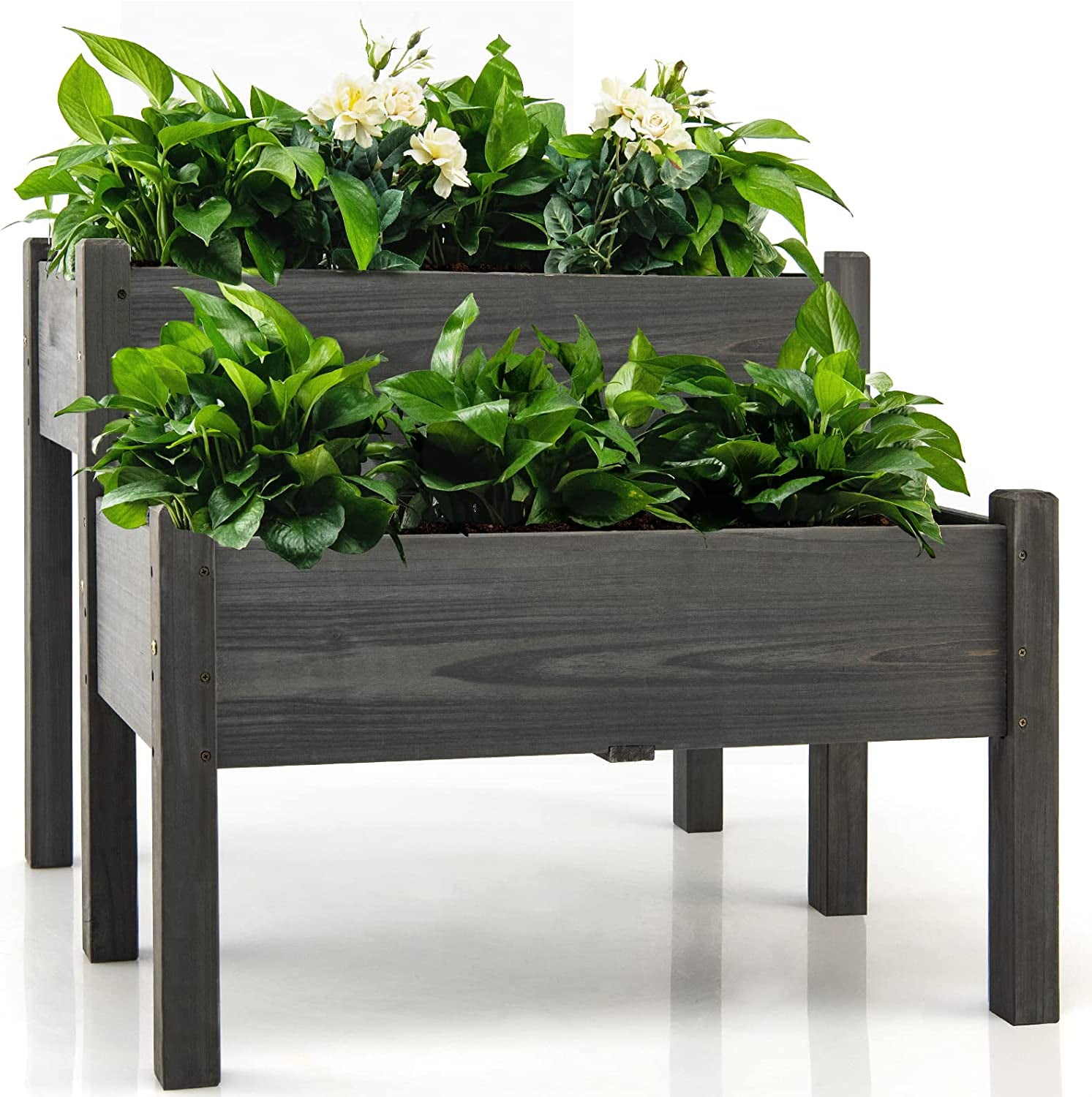 2-Tier Raised Garden Bed - Fir Wood Garden Elevated Planter Box with ...