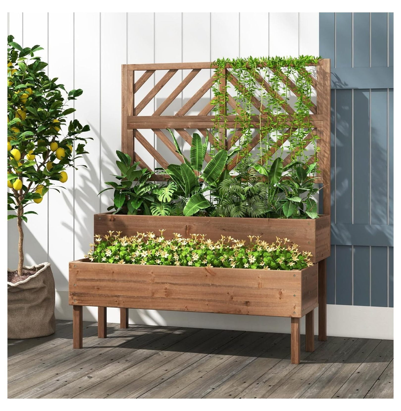 2-Tier Raised Garden Bed with Trellis, Planter Box with Lattice Trellis ...