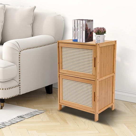 2-Tier Rattan Nightstand with Door & Drawers, Breathable End Table ...