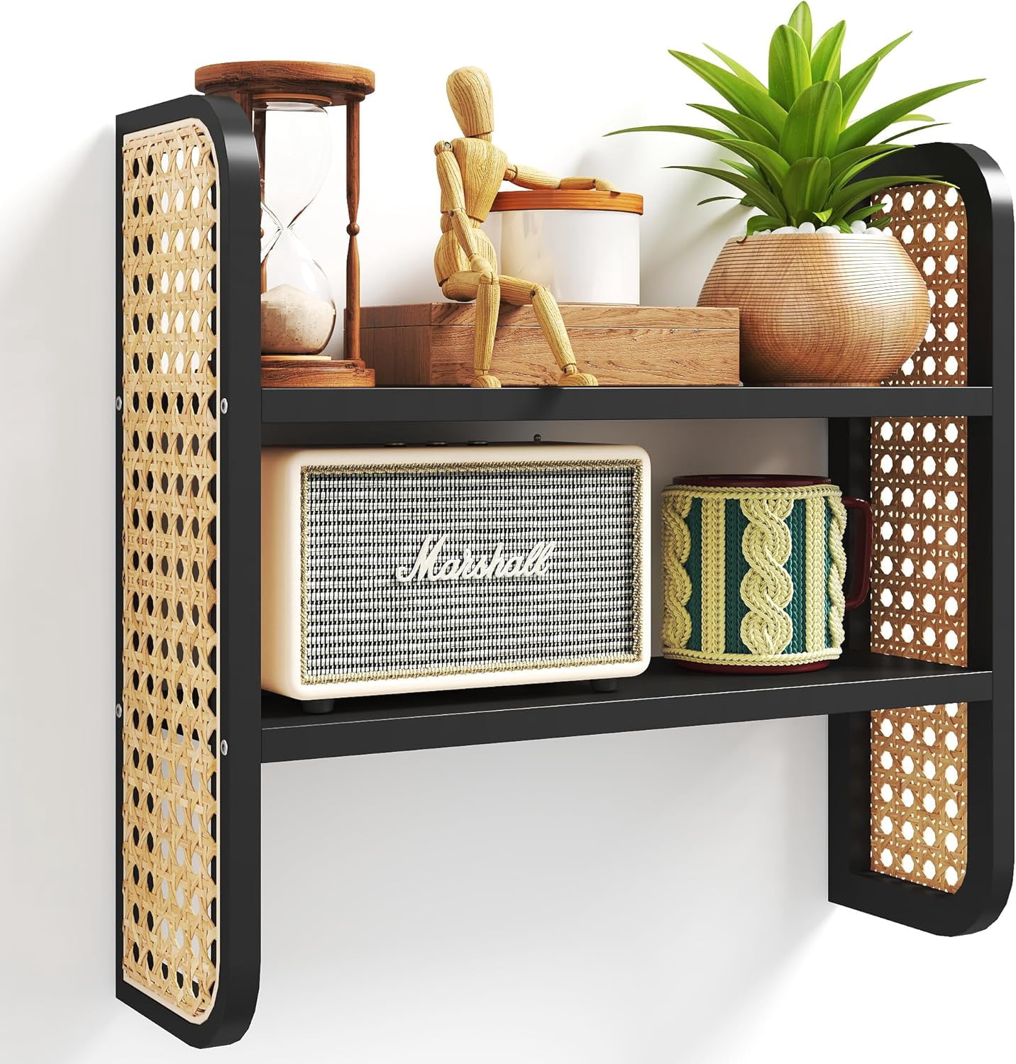 2-Tier Rattan Shelf, Black Rattan Bookshelf Wall Mounted, Handmade ...