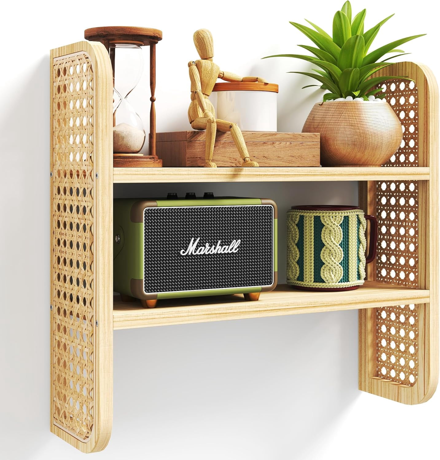 2-Tier Rattan Shelf, Natural Rattan Bookshelf Wall Mounted, Handmade ...