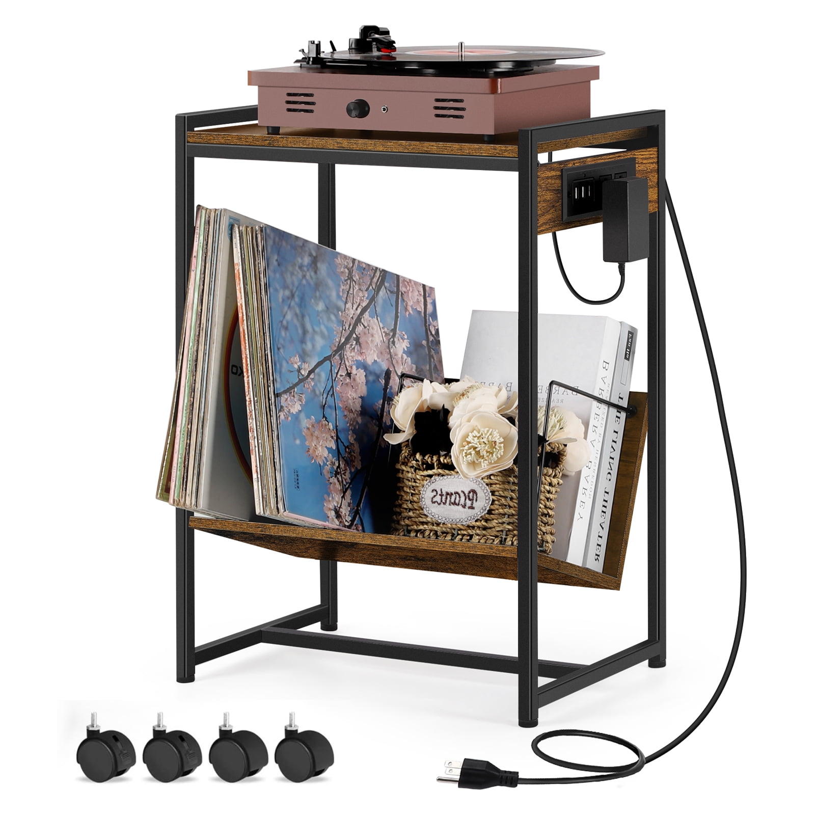 2 Tier Record Player Stand End Table Vinyl Storage with Charging ...