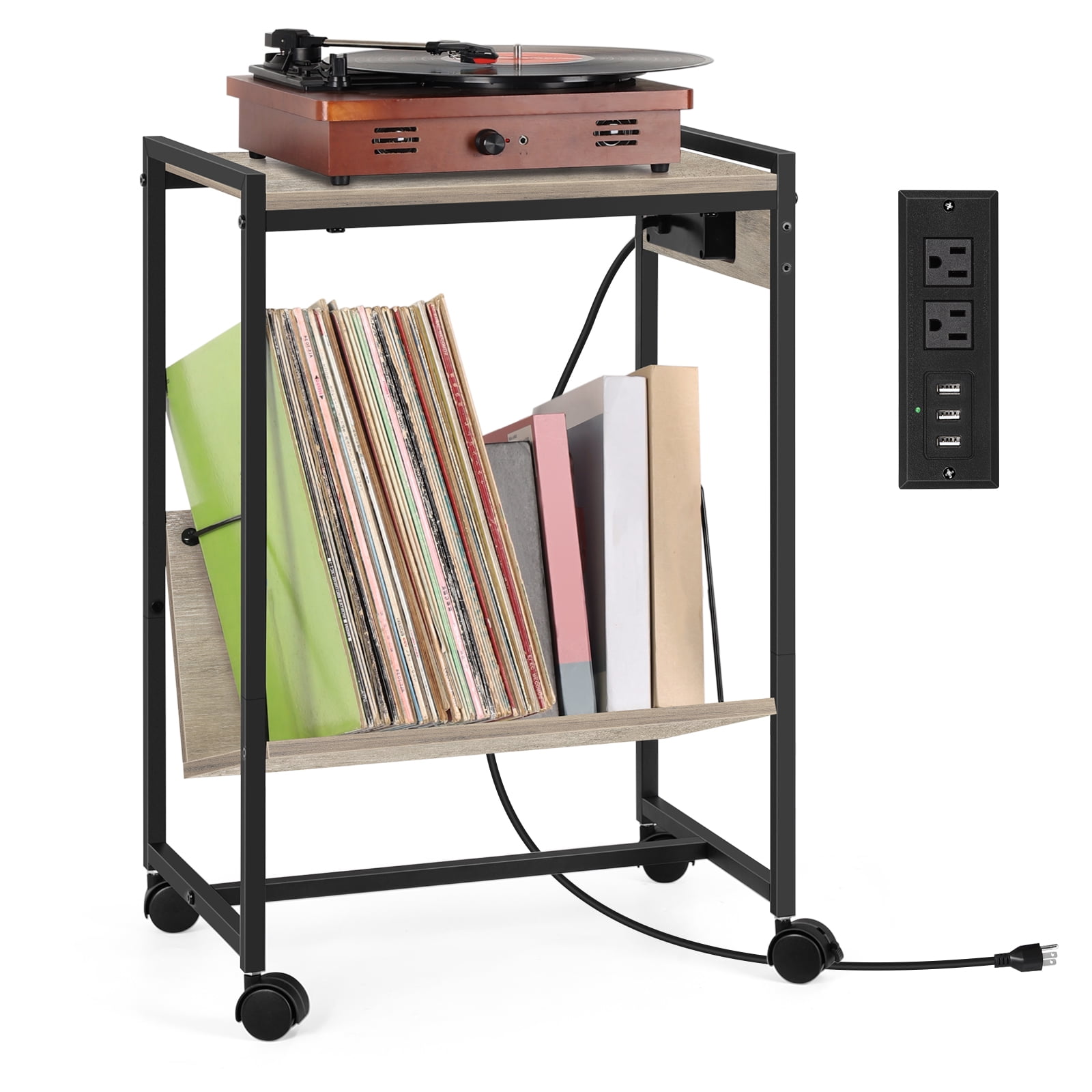 2 Tier Record Player Stand End Table Vinyl Storage with Charging ...