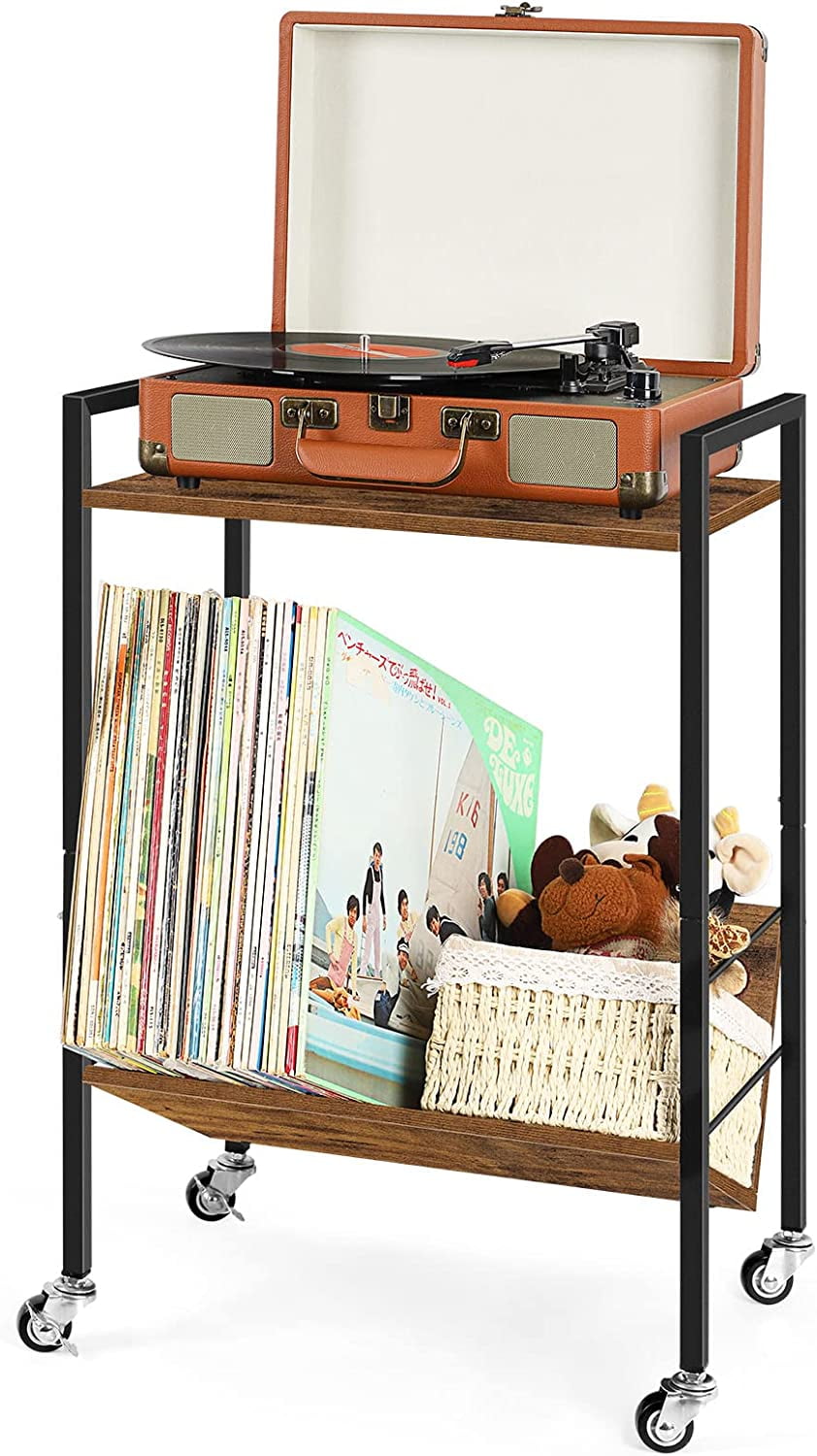 2 Tier Record Player Stand End Table with Vinyl Storage Shelf, Brown ...