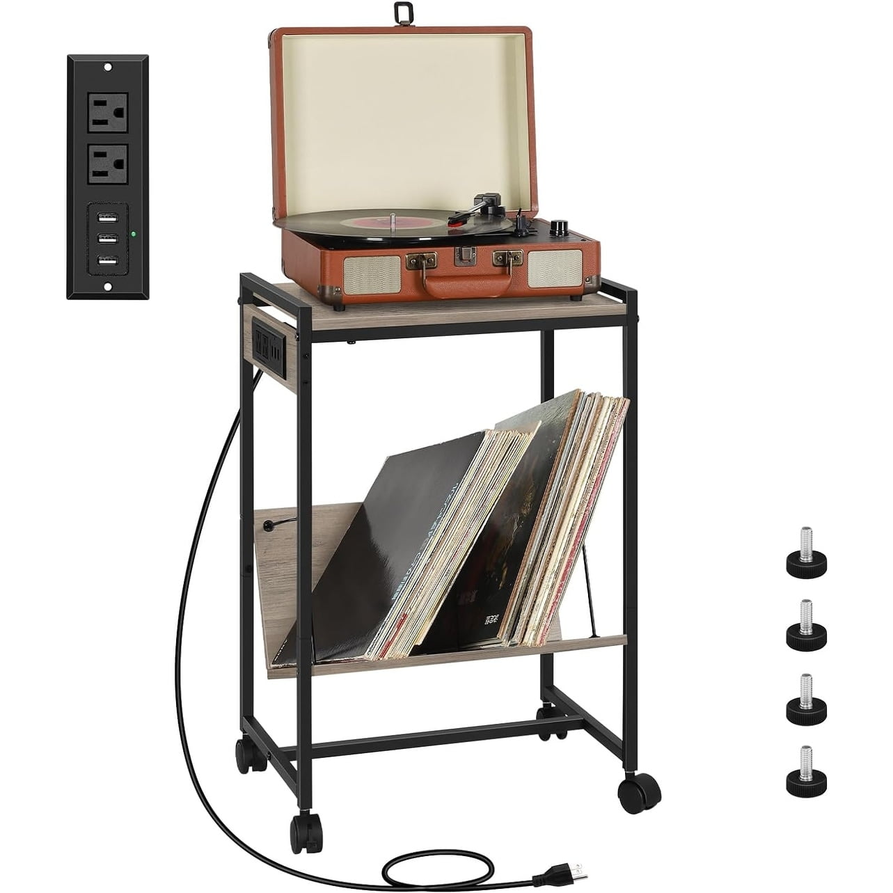 2 Tier Record Player Stand with Charging Station Grey - Walmart.com