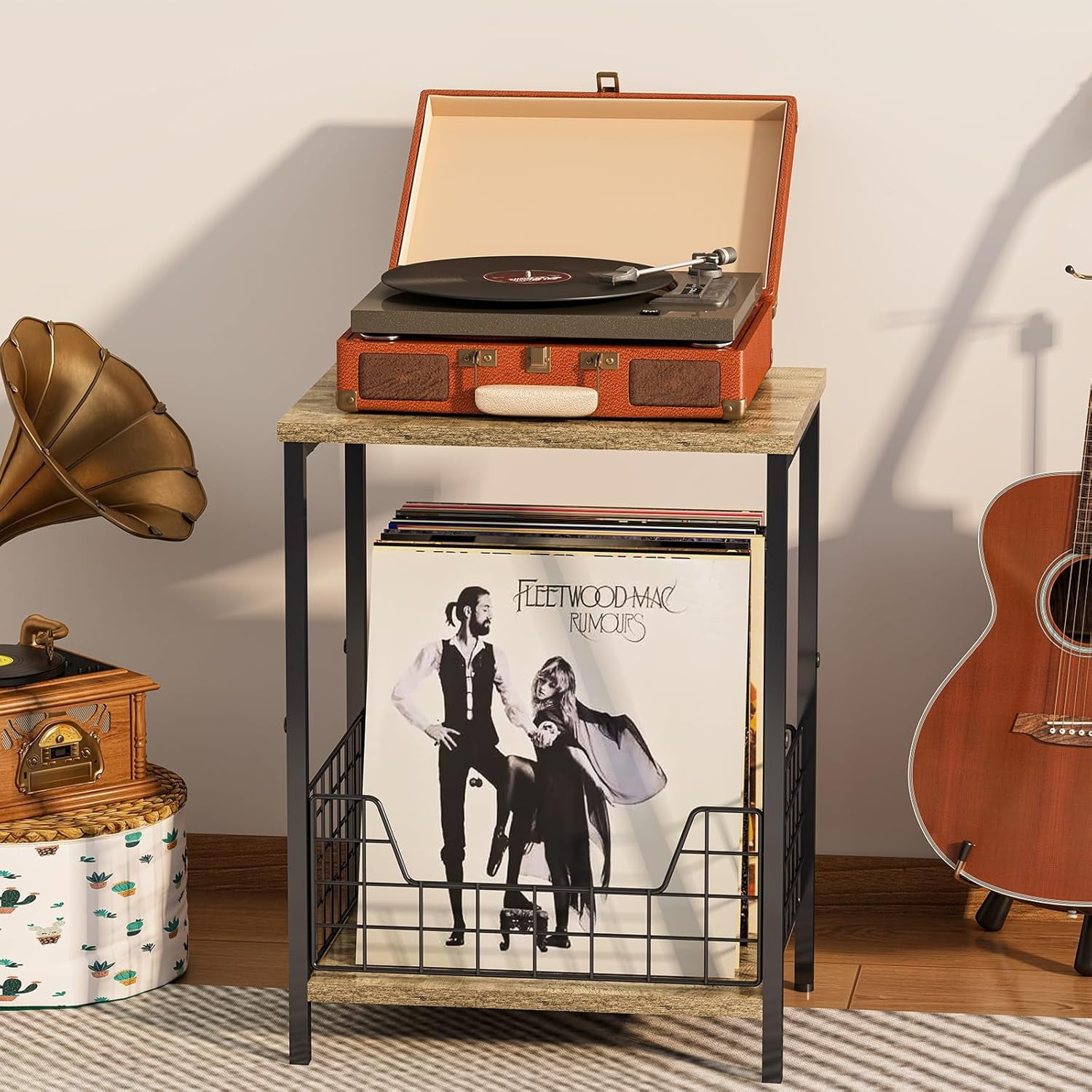 2-Tier Record Player Table, Industrial Retro Side Table Nightstand ...