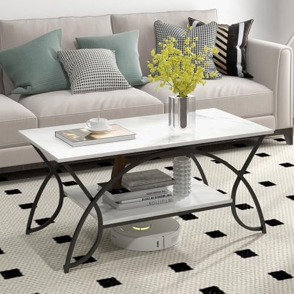 2-Tier Rectangular Coffee Table, Faux Marble Table with Open Storage Shelf, Black Finished Metal ...
