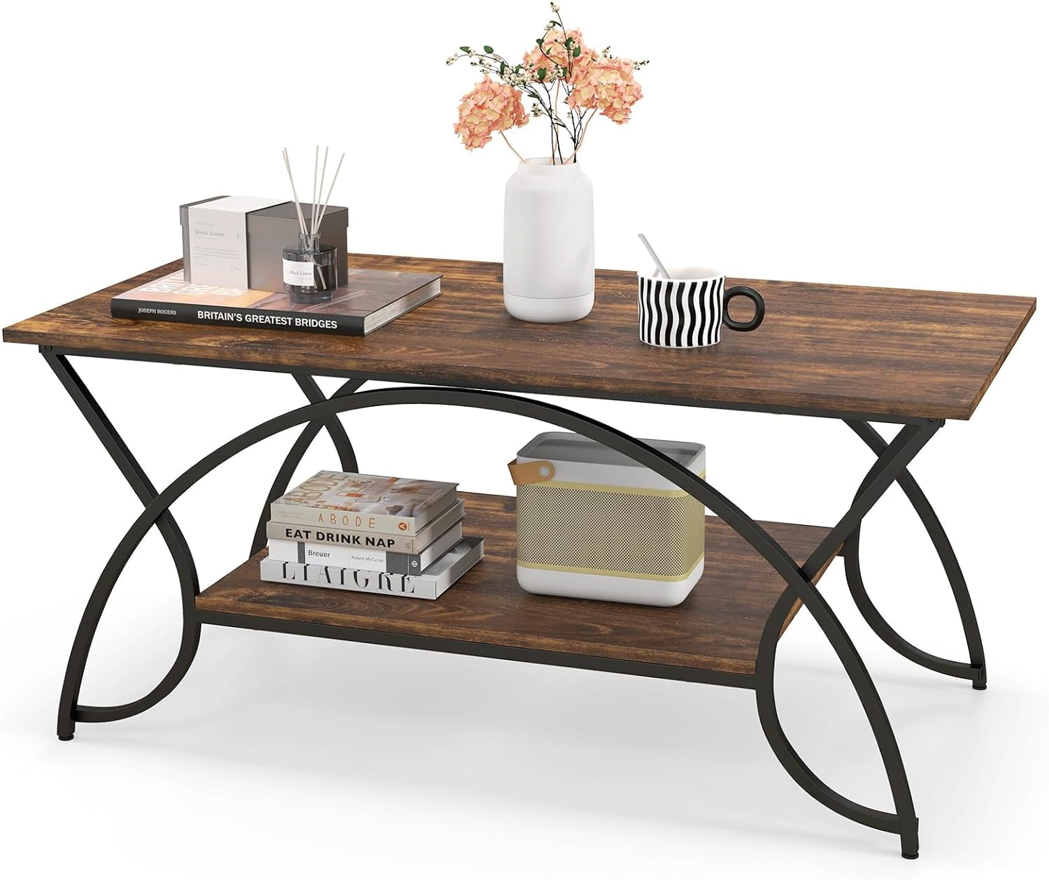 2-Tier Rectangular Coffee Table with Open Storage Shelf, Industrial Style Center Table with Wood ...