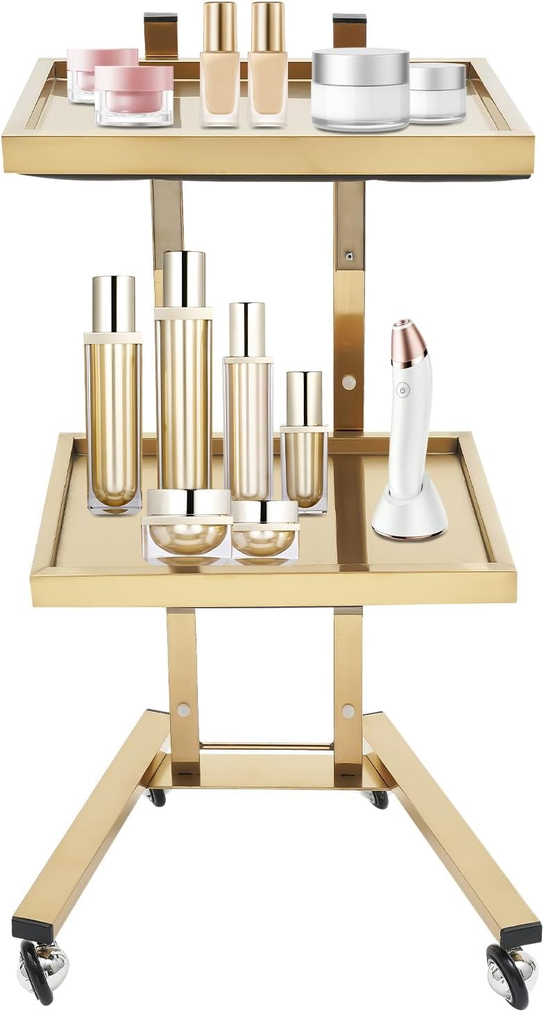 2 Tier Rolling Cart, Gold Salon Tray Rolling Storage Trolley with ...