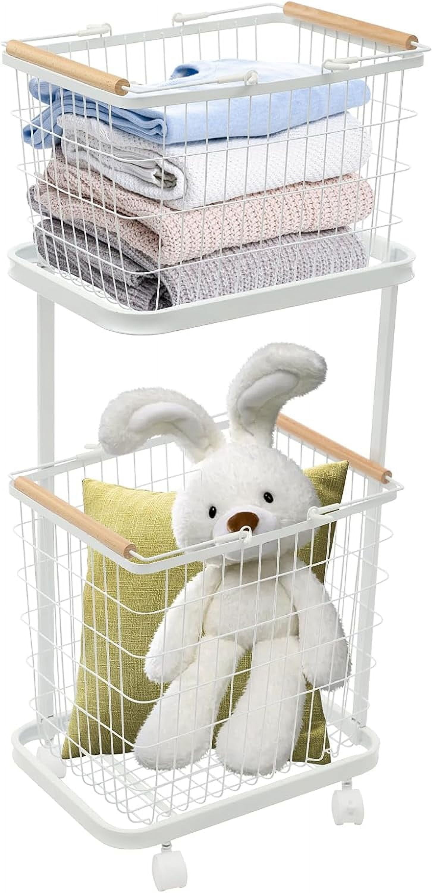 2 Tier Rolling Cart, Heavy Duty Metal Laundry Cart with 2 Removable ...