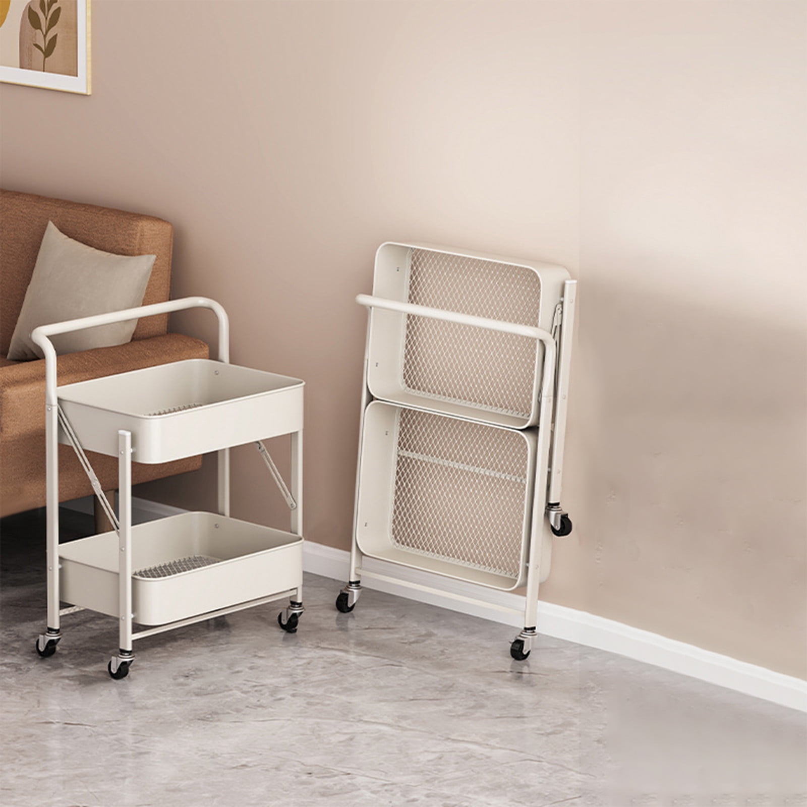 2 Tier Rolling Cart Metal Rolling Storage Cart with Handle and Locking ...