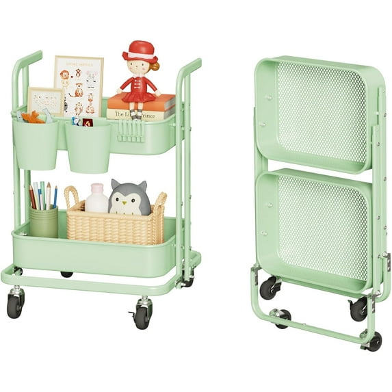 2 Tier Rolling Cart, Metal Utility Cart with Wheels, Foldable Under ...