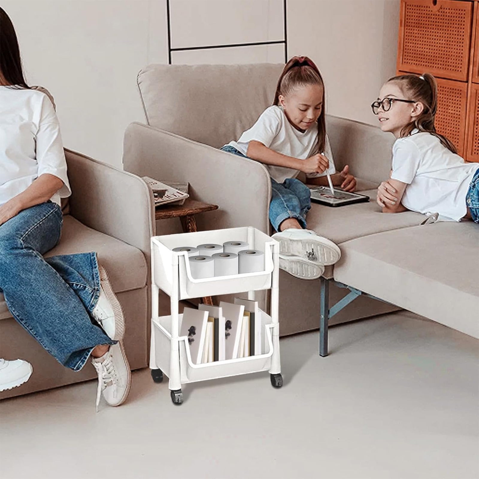 2 Tier Rolling Cart Organizer, Rolling Storage Trolley Laundry Room ...