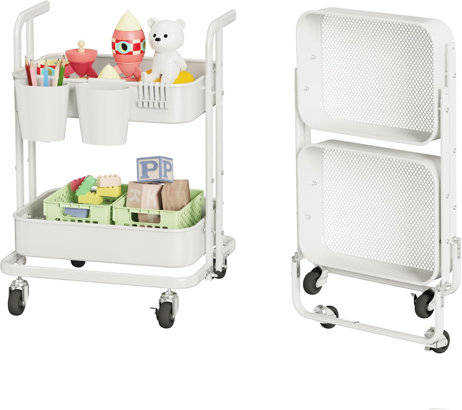 2 Tier Rolling Cart, Small Metal Utility Cart with Lockable Wheels ...