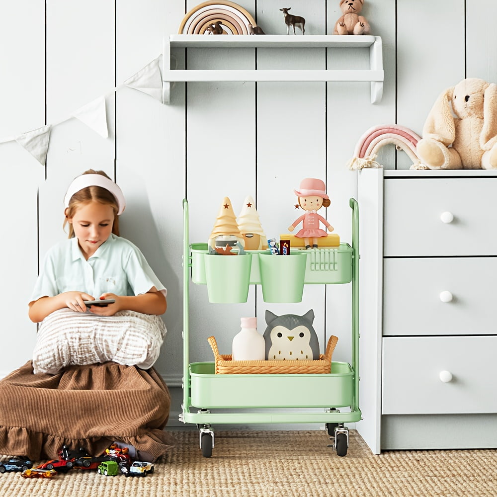2 Tier Rolling Cart, Small Metal Utility Cart With Lockable Wheels ...