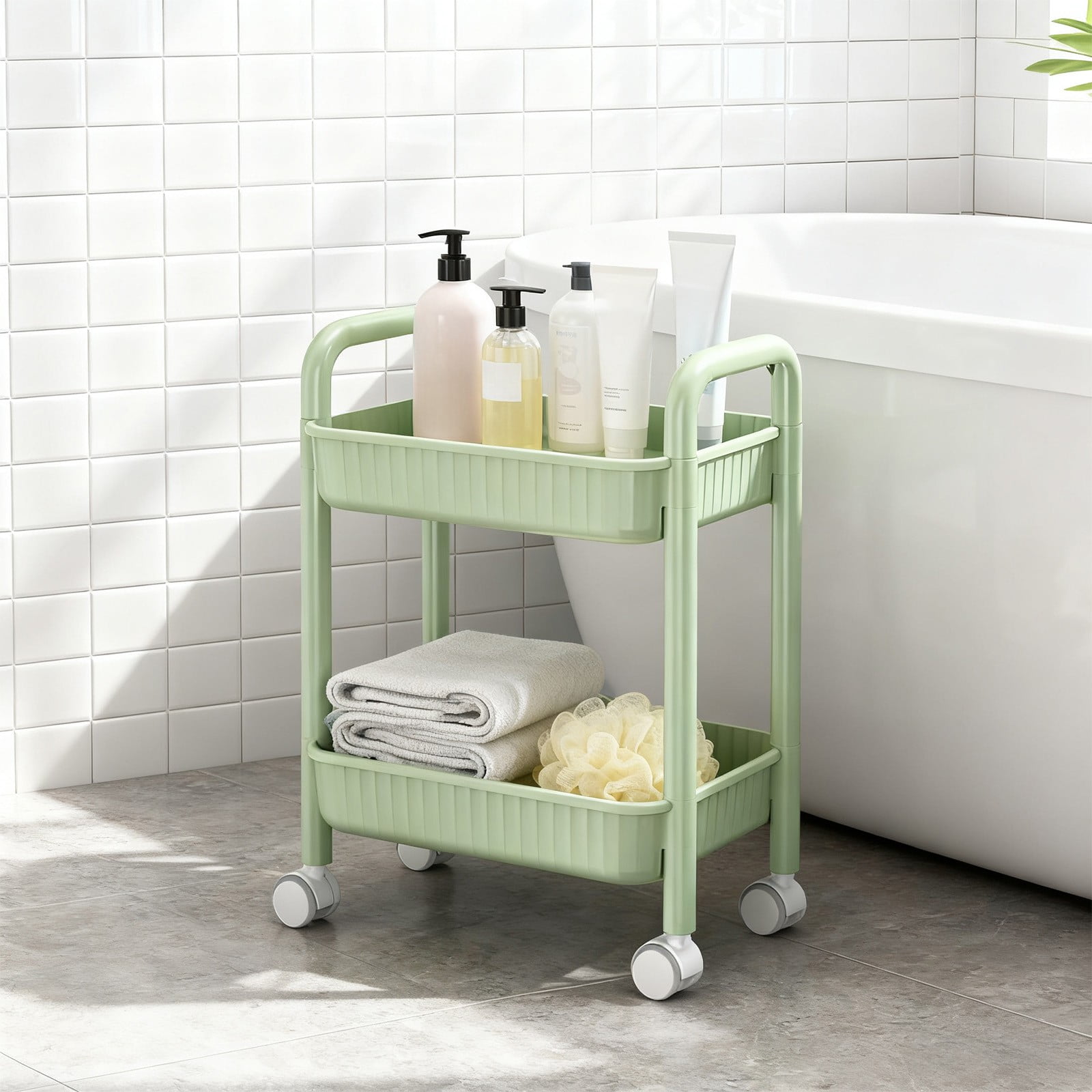 2-Tier Rolling Cart with Wheels | Plastic Storage Cart with Locking ...