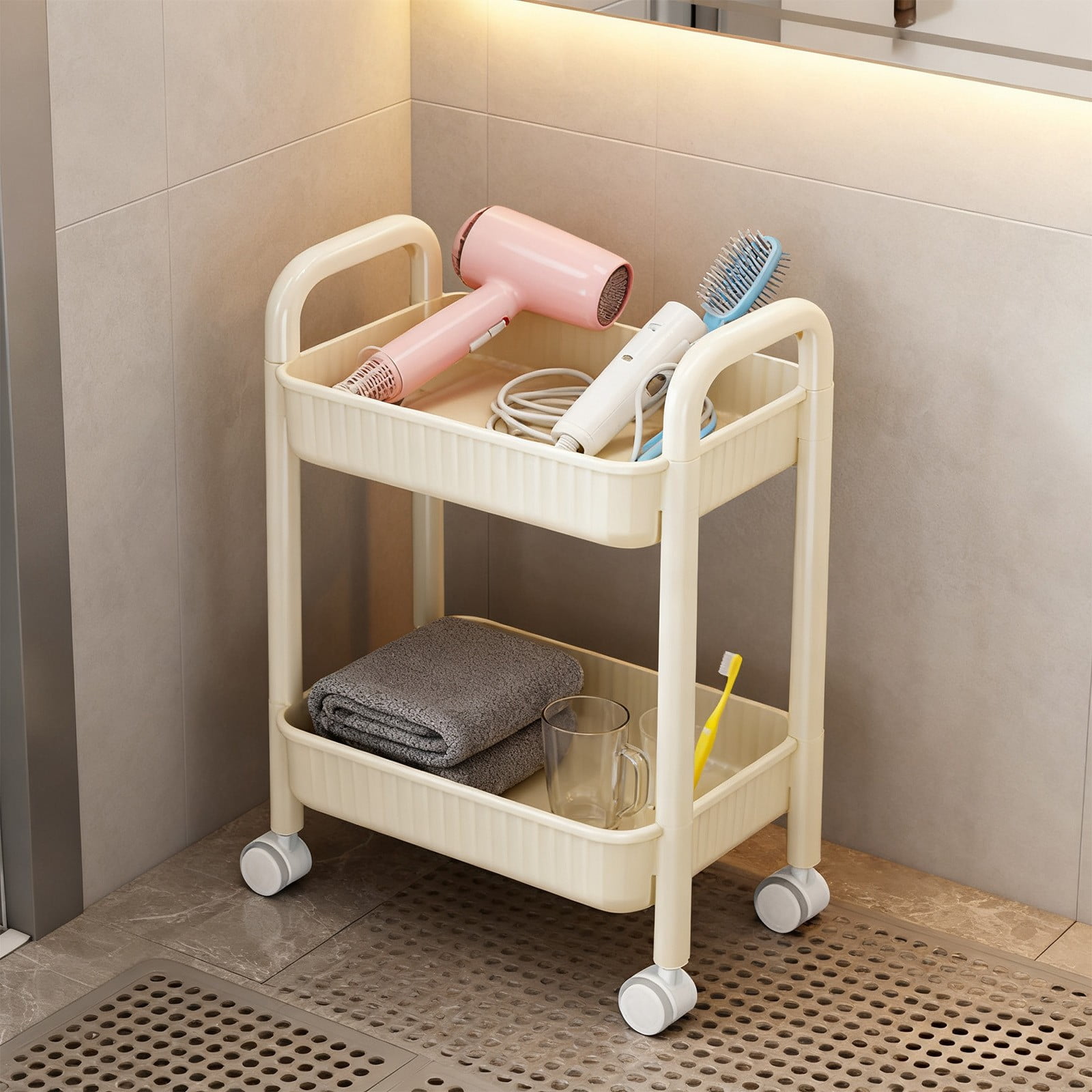 2 Tier Rolling Carts with Wheels, Utility Cart with Handle and Locking ...