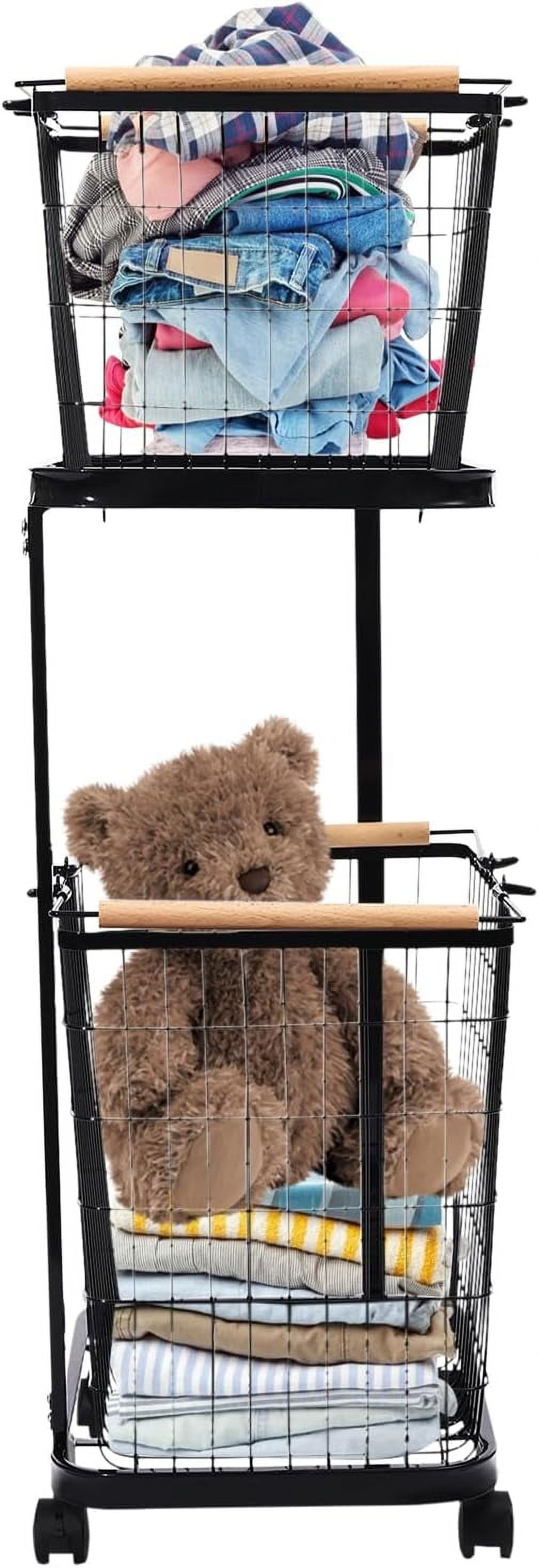 2 Tier Rolling Laundry Basket,Heavy Duty Metal Laundry Cart with 2 ...