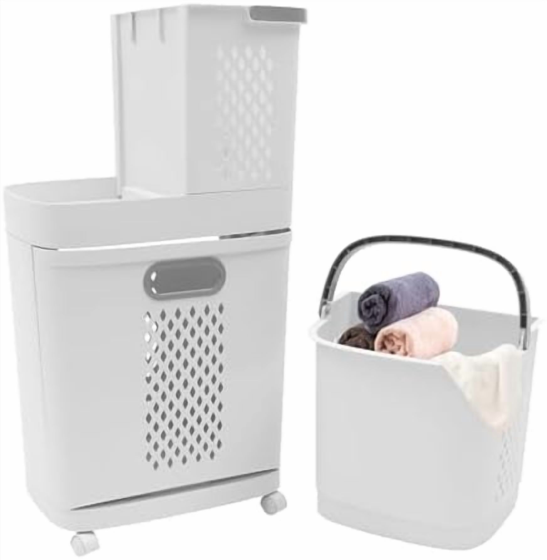2-Tier Rolling Laundry Basket - Space-Saving Removable Clothes Hamper ...
