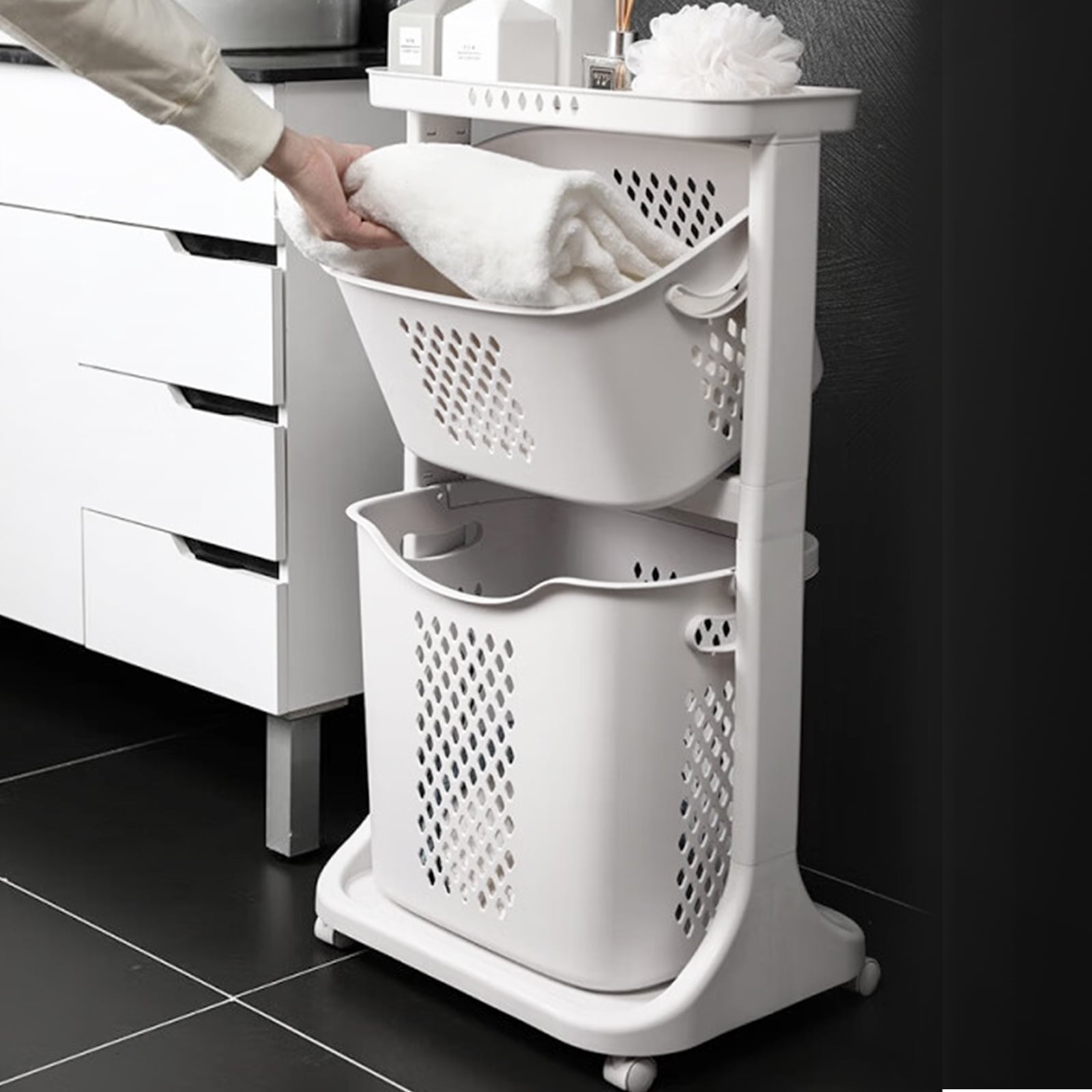 2 Tier Rolling Laundry Hamper Cart with Wheels, Hollow Design, Suitable ...