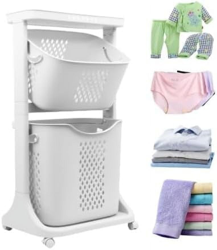 2 Tier Rolling Laundry Hampers, Dirty Clothes Hamper Cart with 4 Wheels ...