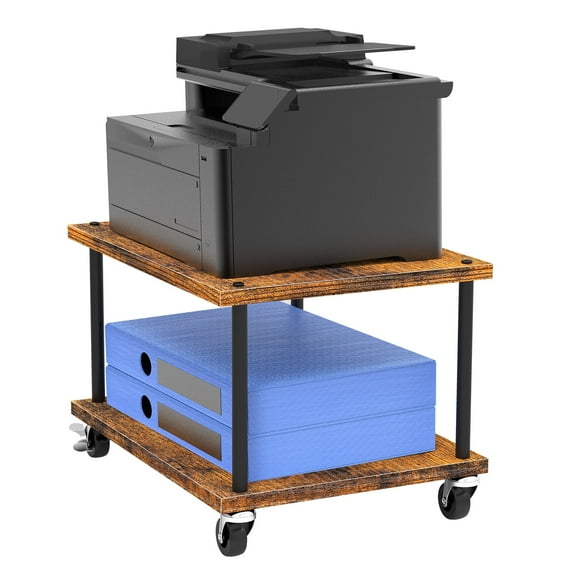 2-Tier Rolling Printer Stand - Rustic Burned Wood Finish Mobile Storage ...