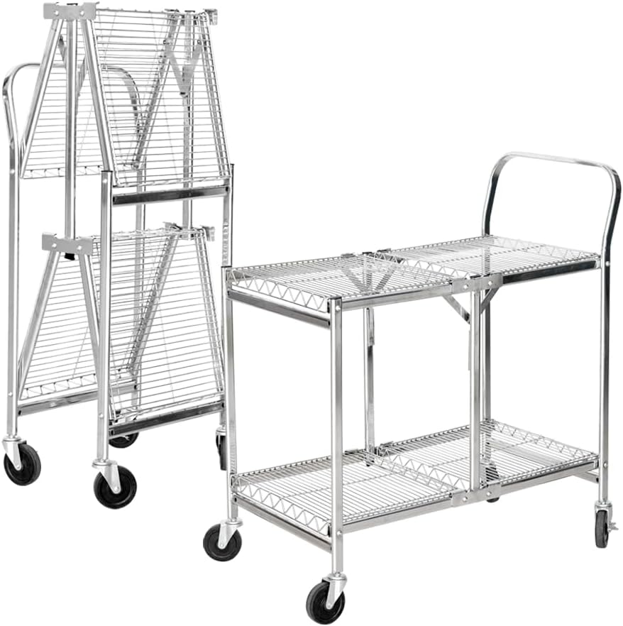 2 Tier Rolling Utility Cart, Collapsible Wire Cart Storage Rack ...