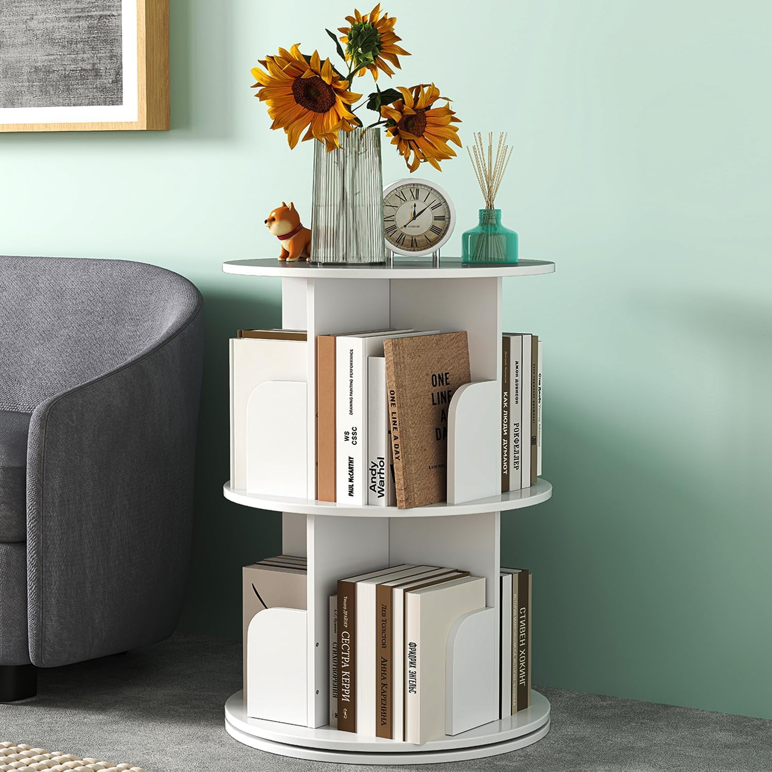 2 Tier Rotating Bookshelf, 360° Revolving Bookcase Rotating Stackable ...