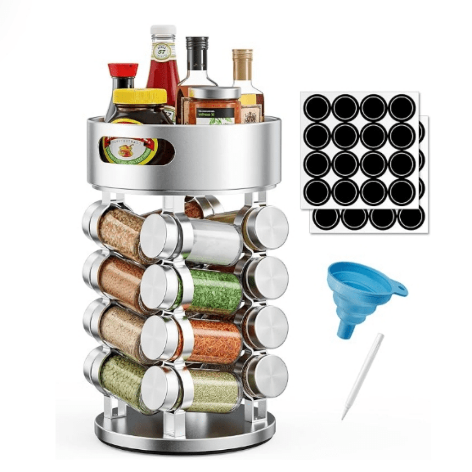 2 Tier Rotating Spice Rack Set With 16 Jars and Extra Top Tray ...