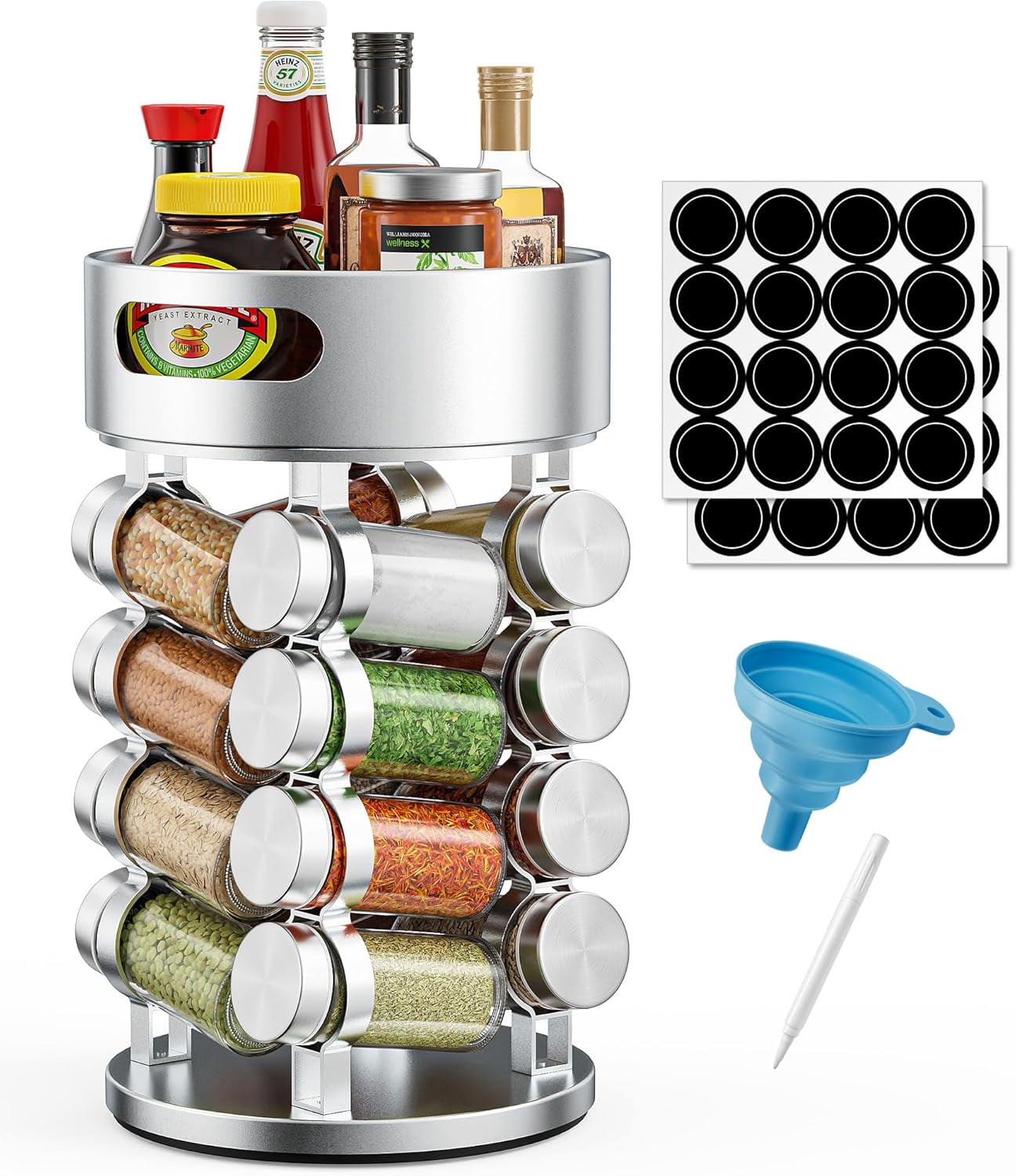 2 Tier Rotating Spice Rack Set With 16 Jars and Extra Top Tray ...