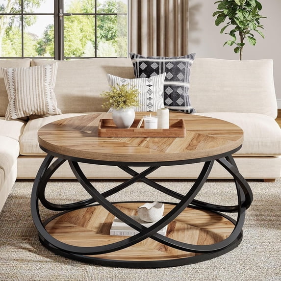 2-Tier Round Coffee Table, 31.5" Circle Center Table, Wood Grain Accent ...
