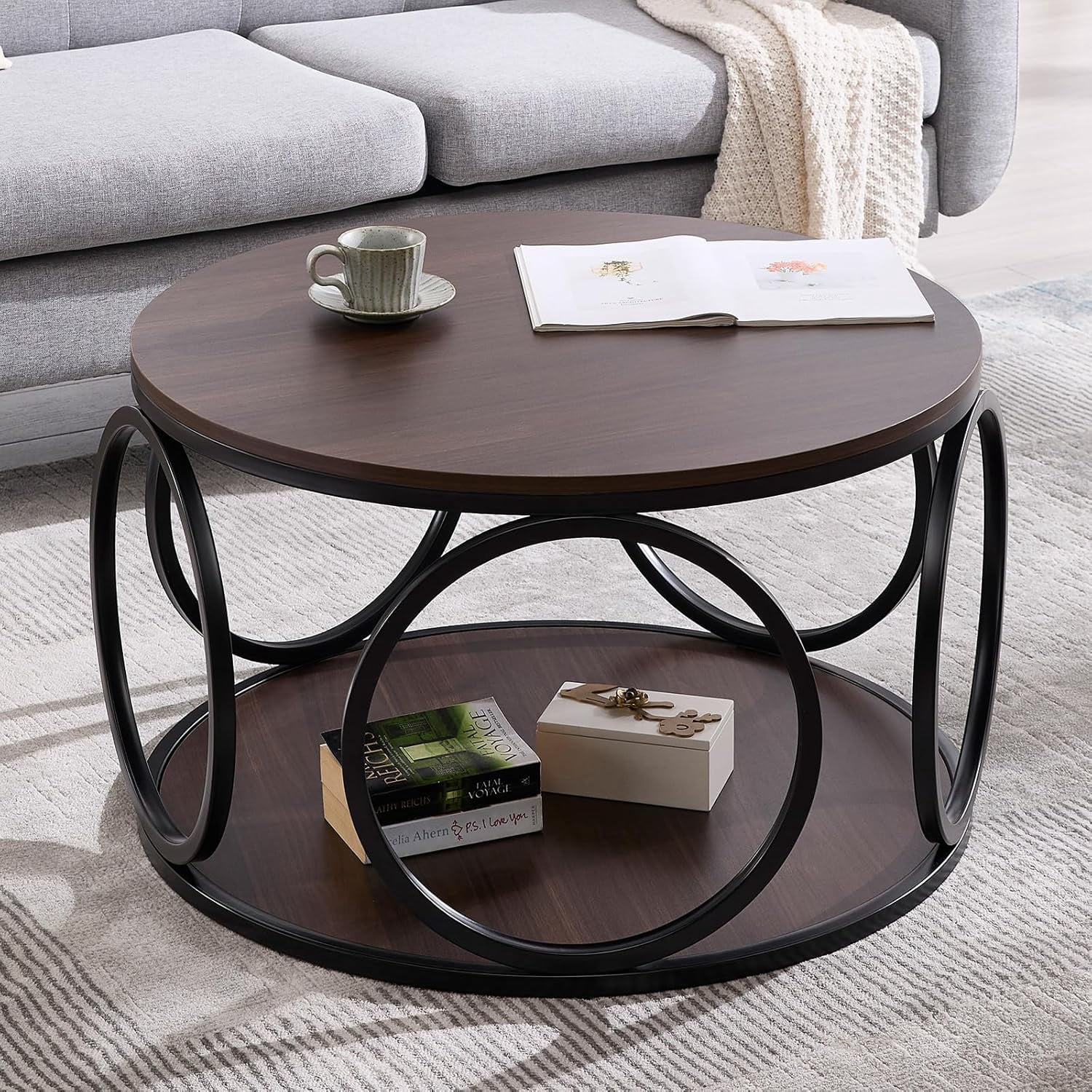 2 Tier Round Coffee Table 31.5"Modern Coffee Table for Living Room with ...