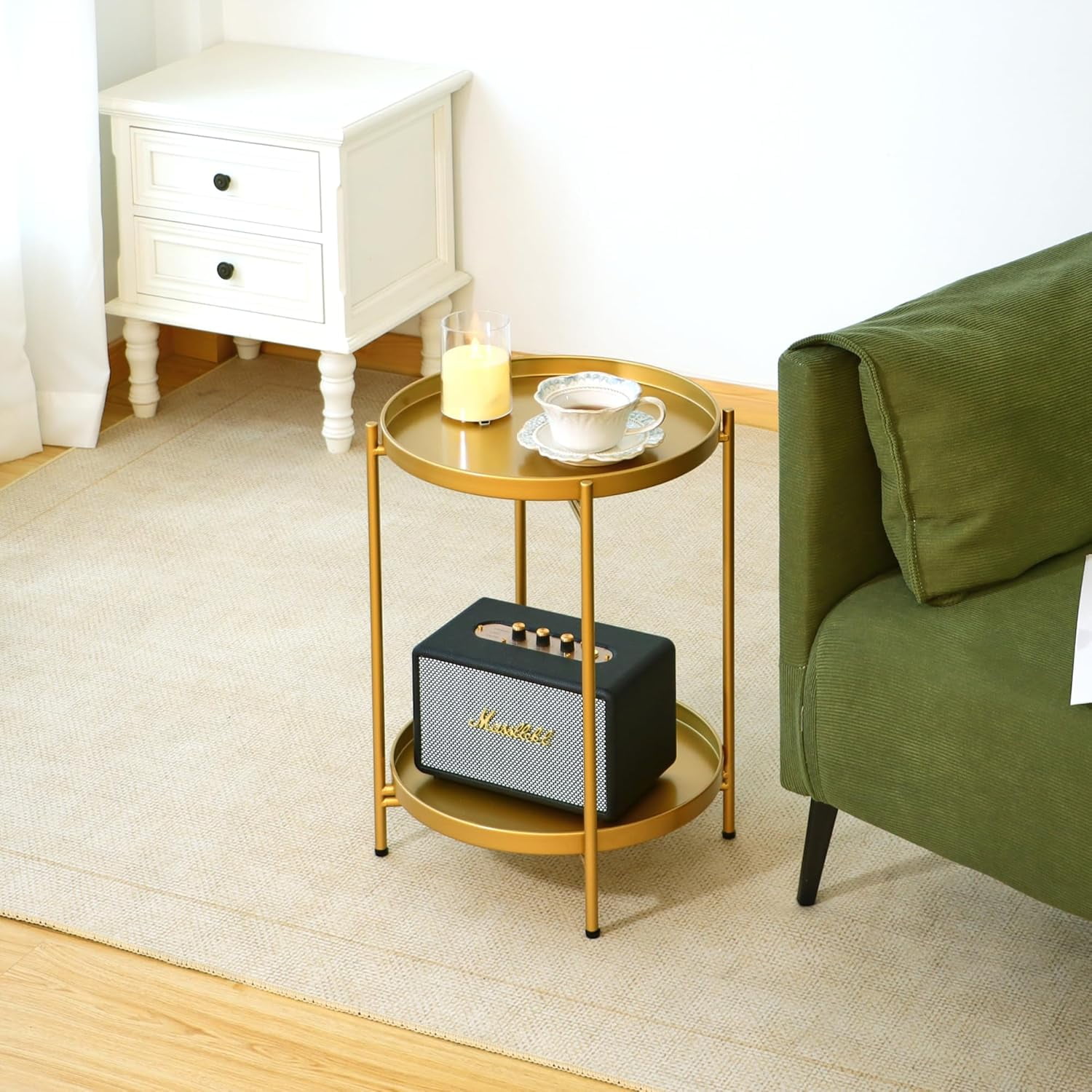 2-Tier Round End Side Table, Small Metal Side Table with Removable Tray ...