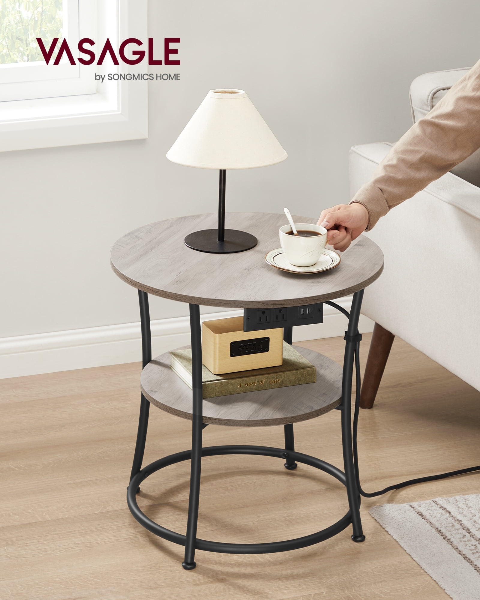 2-Tier Round End Table with Power Outlets, Nightstand with 2 AC Outlets ...