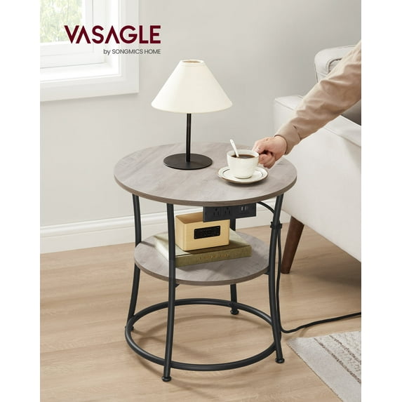 2-Tier Round End Table with Power Outlets, Nightstand with 2 AC Outlets ...